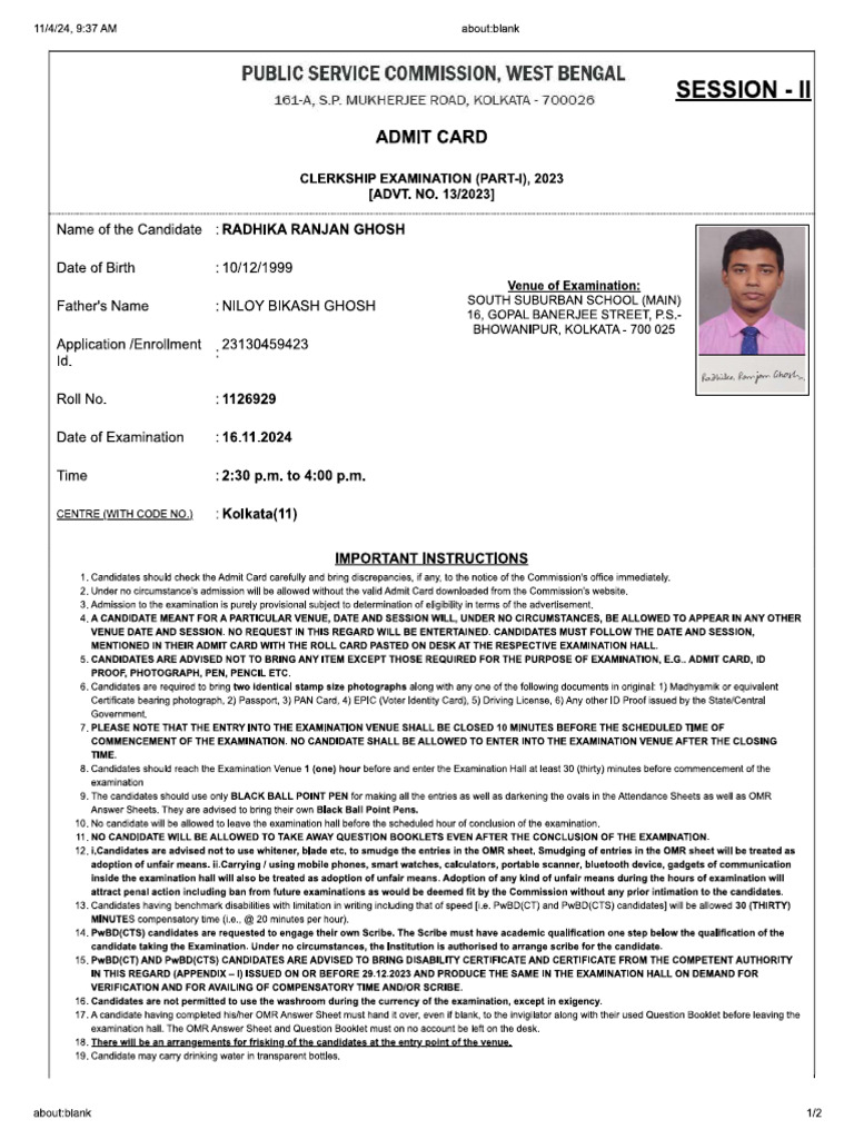 Radhika Ranjan Ghosh Clerkship Admit 2024 | PDF