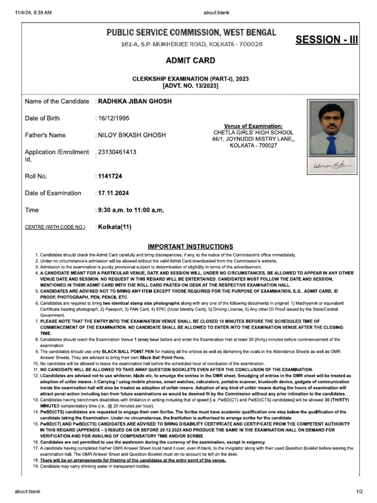 Radhika Jiban Ghosh Clerkship Admit 2024 | PDF