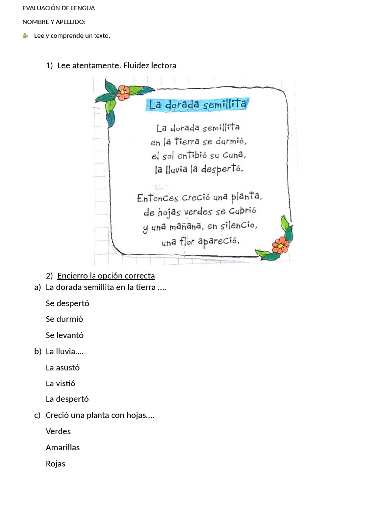 EVAL LENGUA 2°dorada Semillita | PDF