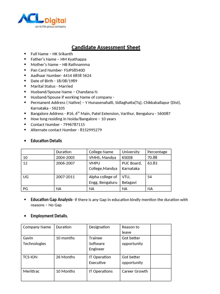 ACL Digital_Candidate Assessment Sheet | PDF