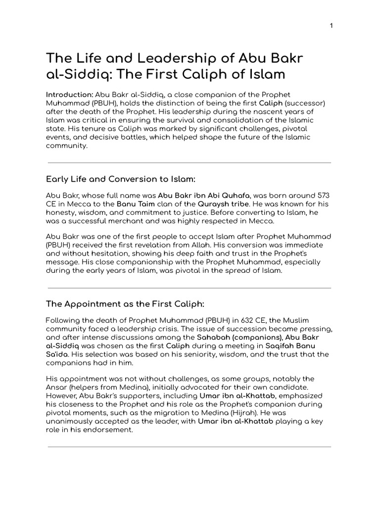 The Life and Leadership of Abu Bakr Al-Siddiq - The First Caliph of Islam | PDF | Umar | Muhammad