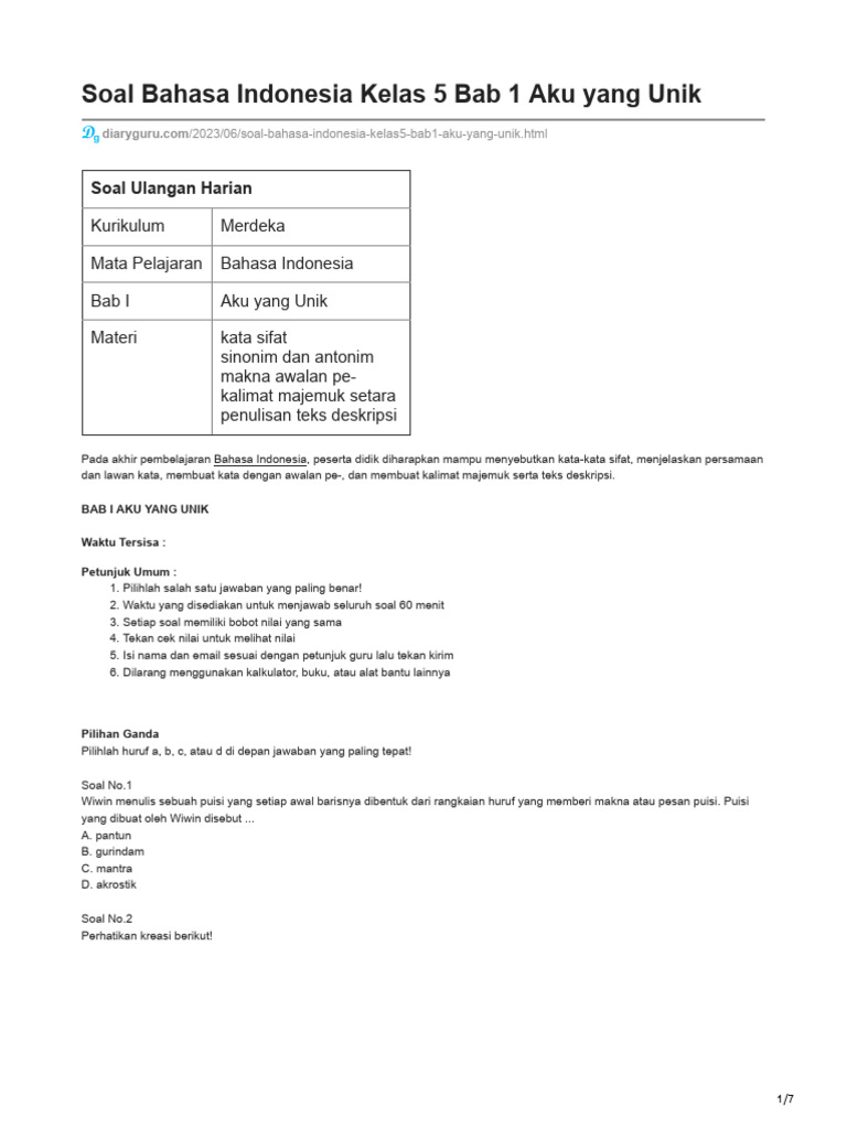 Soal Bahasa Indonesia Kelas 5 Bab 1 Aku Yang Unik Pdf