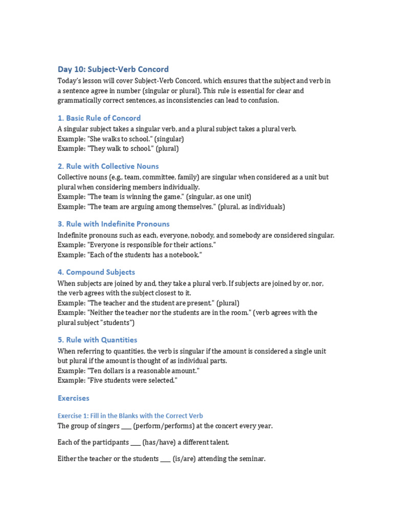 Day 10. Subject_Verb_Concord_With_Explanations | PDF | Grammatical ...