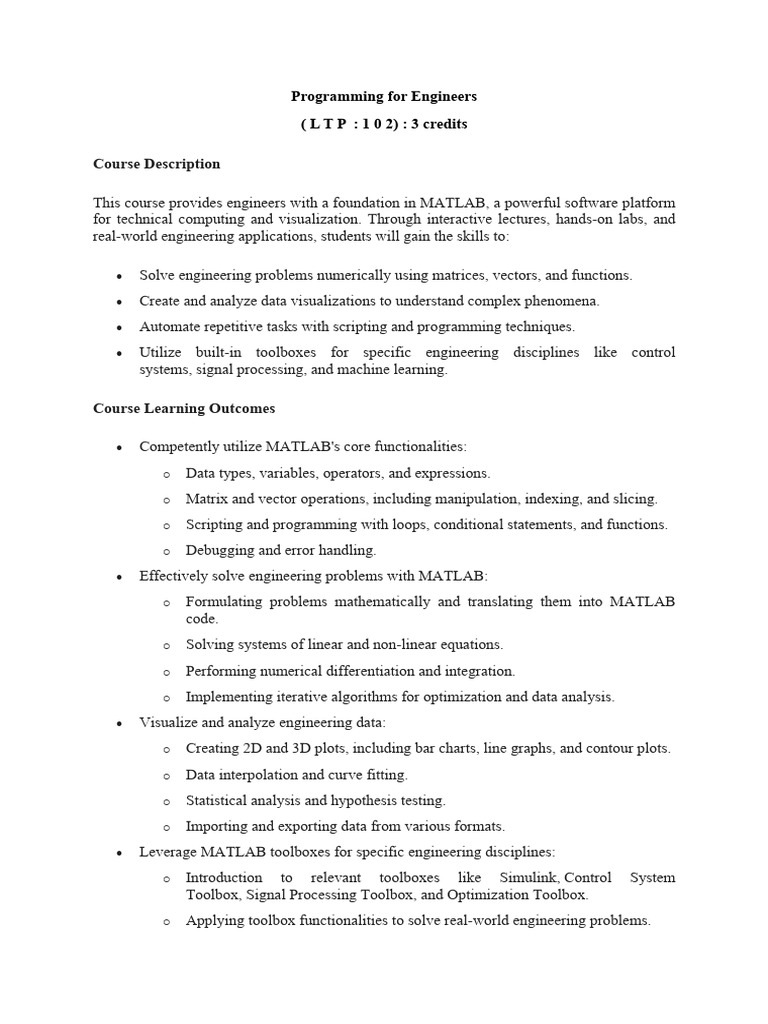 Programming for Engineers Syllabus 2023 | PDF | Numerical Analysis | Matlab