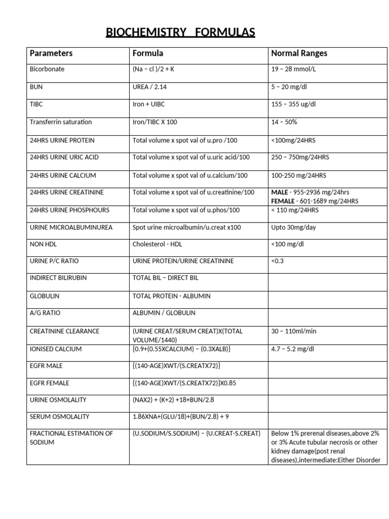 Biochemistry Formulas | PDF