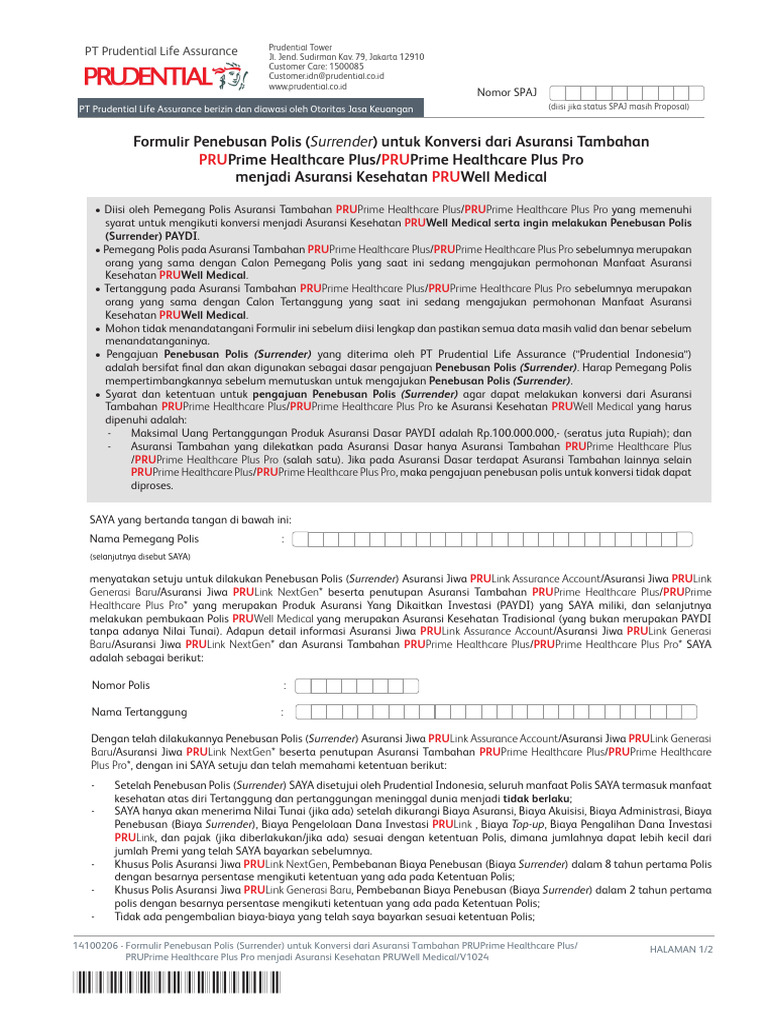 Formulir Penebusan Polis Untuk Konversi Dari PPH Plus Atau PPH Plus Pro ...