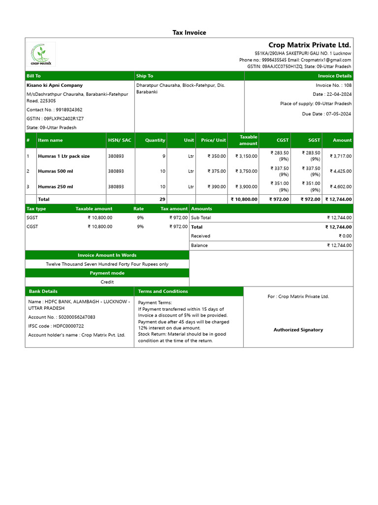 Tax Invoice_108_22_04_24 | PDF | Invoice | Economies