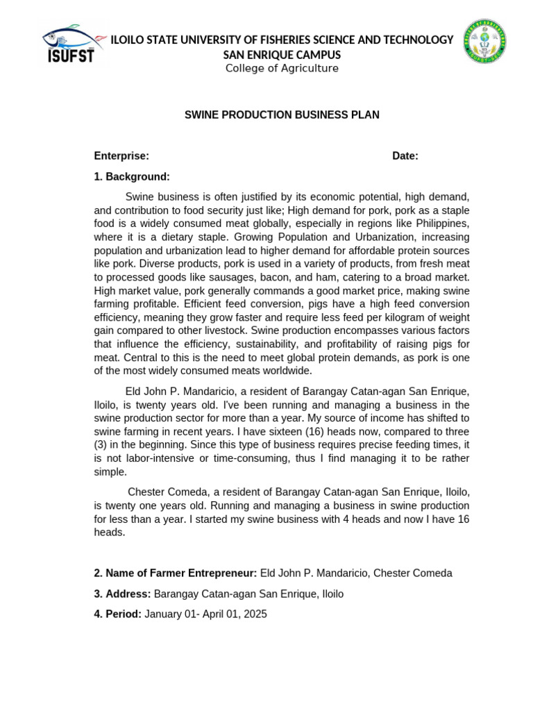 Swine Production Business Plan Overview | PDF | Pork | Pig