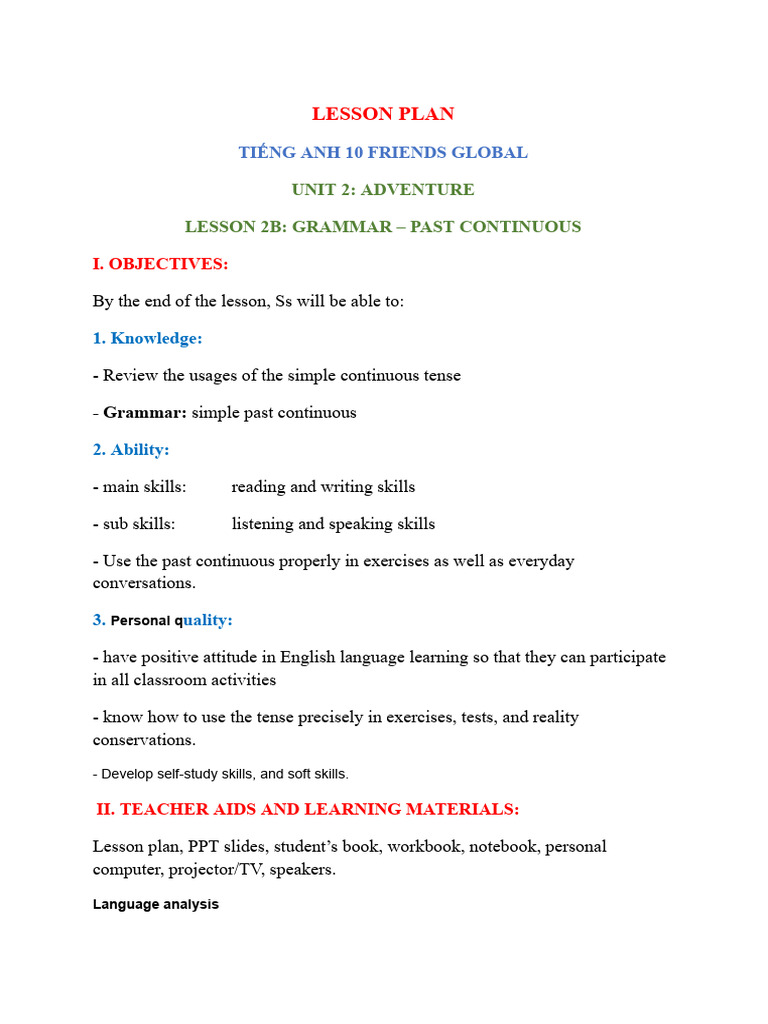Past Continuous Grammar Lesson Plan | PDF | Lesson Plan | Cognitive Science
