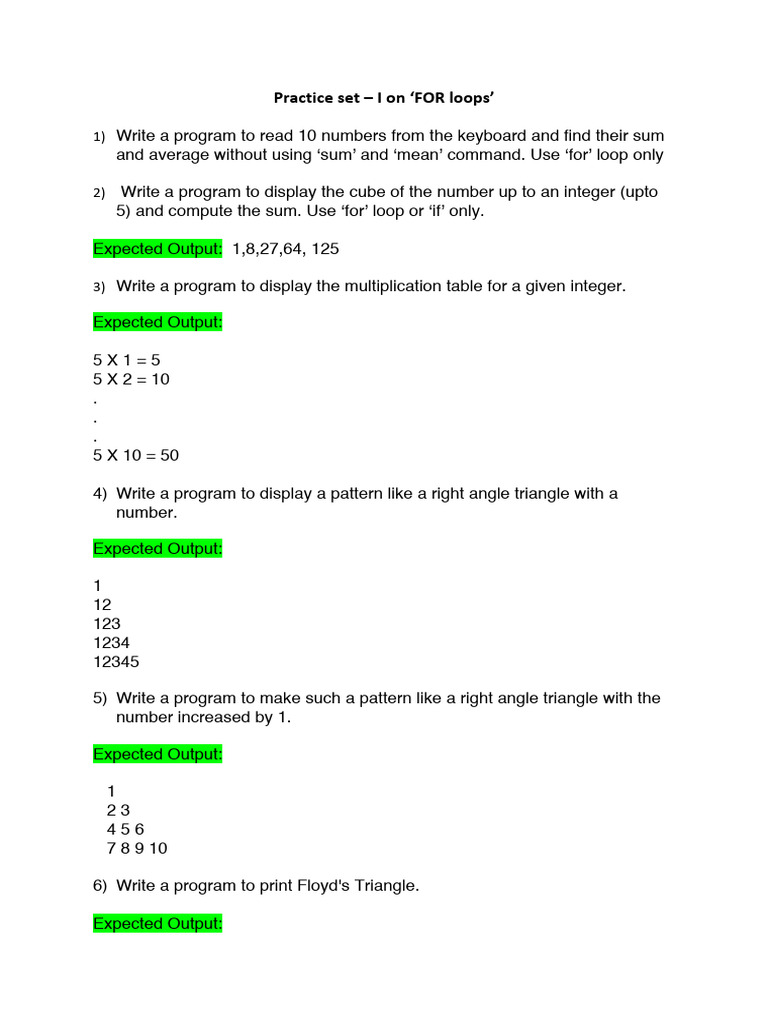 Practice Set 1 Loops Using FOR Loops | PDF