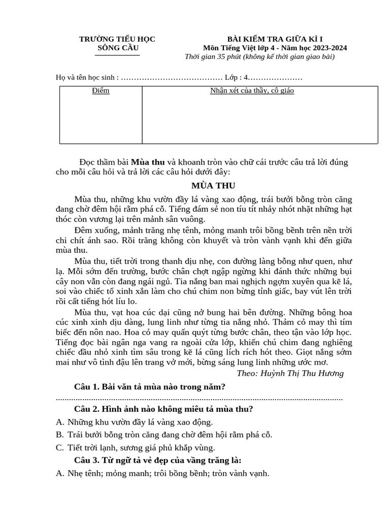 Đề Kiểm Tra TV Cuối hk1 | PDF