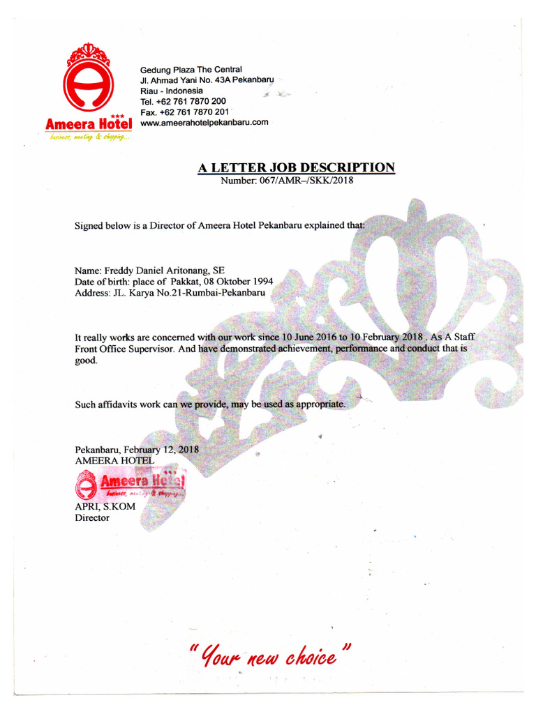 A LETTER JOB DESCRIPTION AMEERA HOTEL | PDF