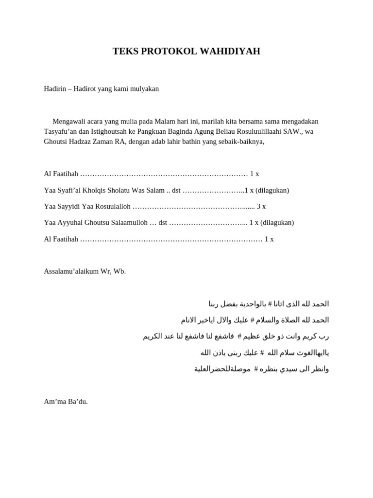 Teks Protokol Wahidiyah Dayinta | PDF