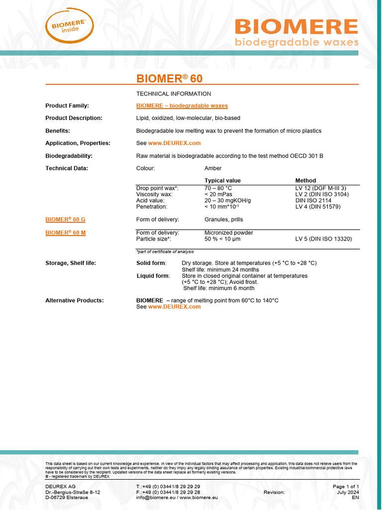 BIOMER-60 TDS EN Biodegradable-Wax | PDF | Wax | Building Materials