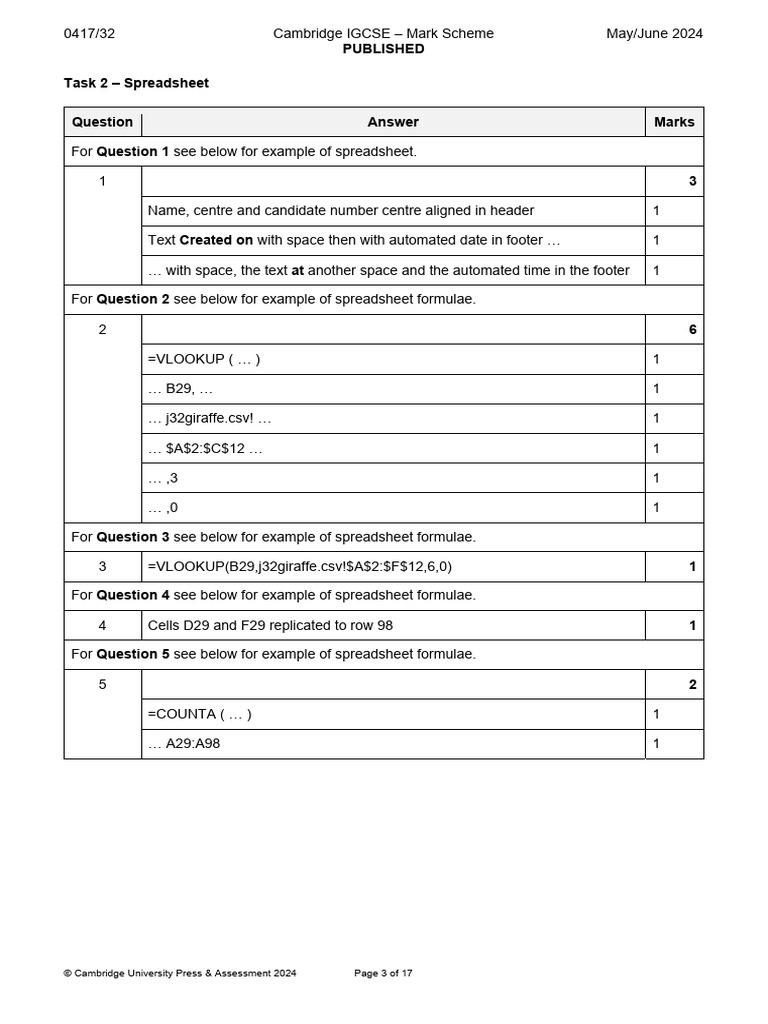 2024 - Spreadsheet Tasks - Mark Scheme | PDF | Spreadsheet | Computing
