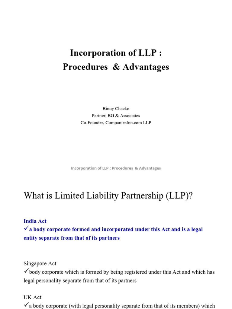Incorporation of LLP by CS Binoy Chacko | PDF | Limited Liability ...