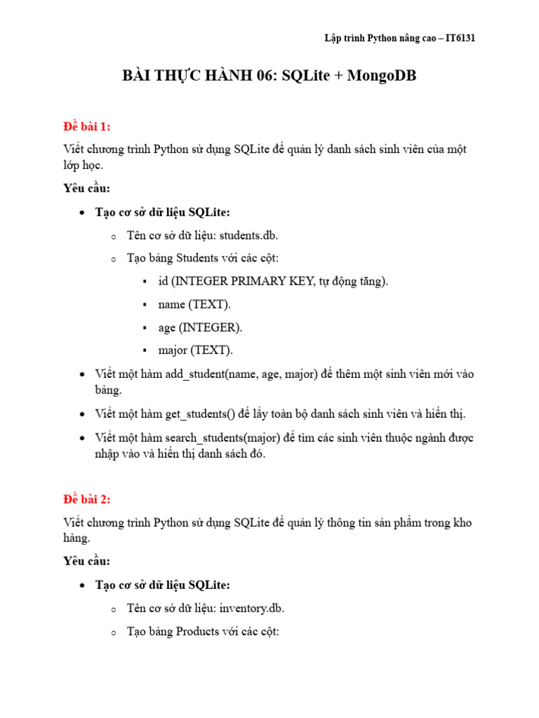 Thuc hanh 6 - SQLite, MongoDB | PDF