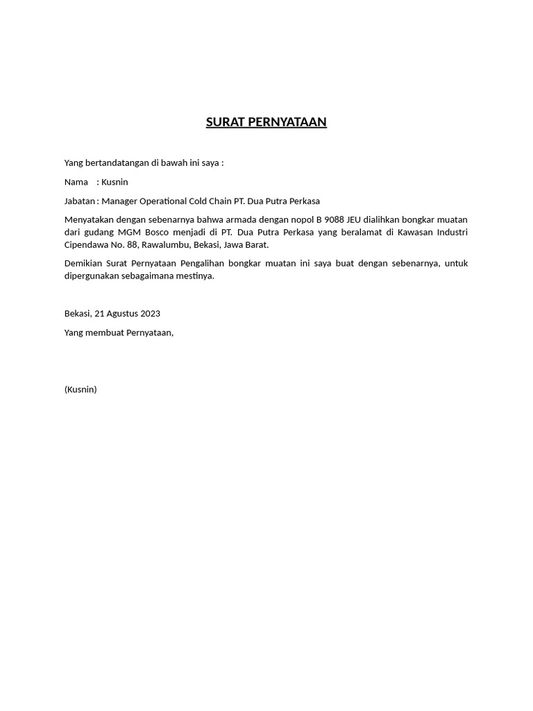 Surat Pernyataan Pengalihan Bongkar Muat | PDF