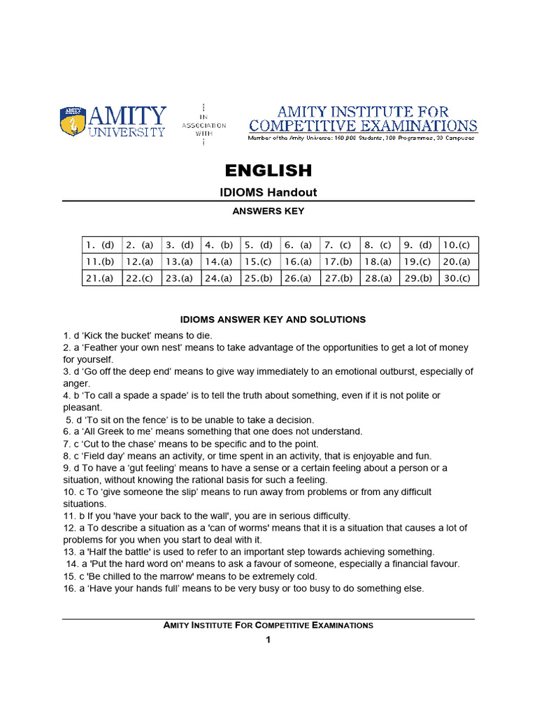 Idioms Answer Key & Solutions | PDF | Feeling | Cognition