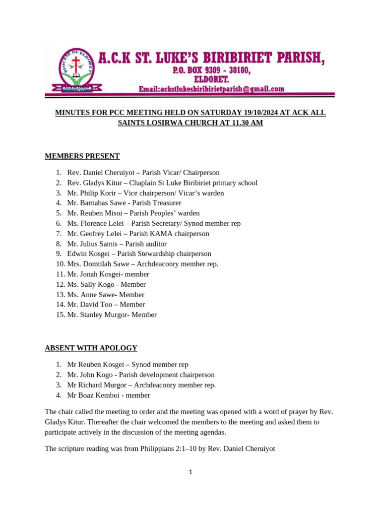 Minutes For PCC Meeting Held at All Saints Losirwa in October 19 2024 ...