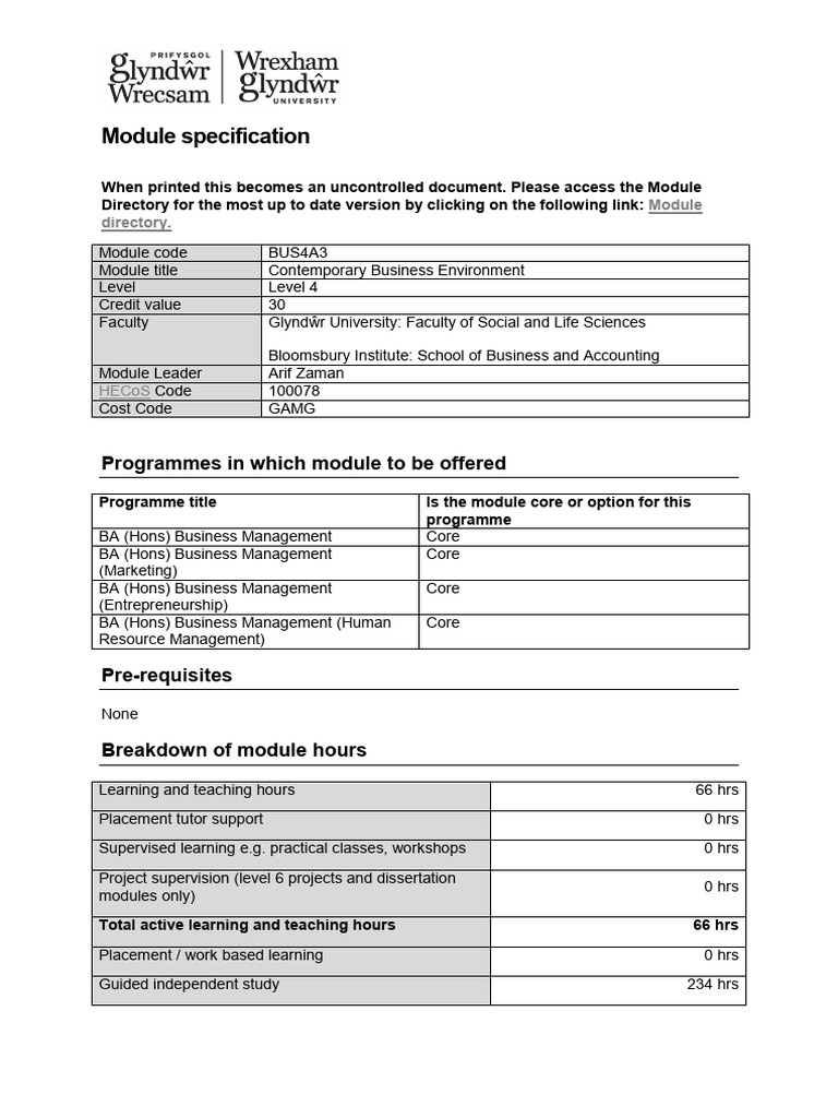 BUS4A3 Contemporary Business Environment | PDF | Learning | Lecture