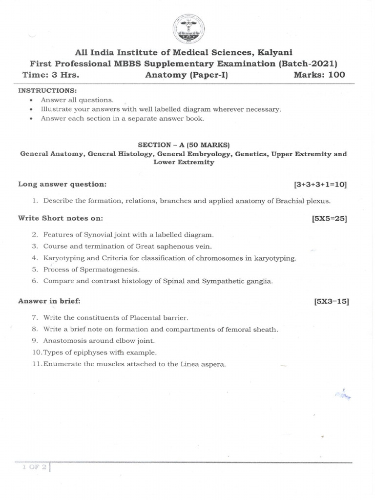1st MBBS PROF - Supply Anatomy Paper 1 2020 21 | PDF