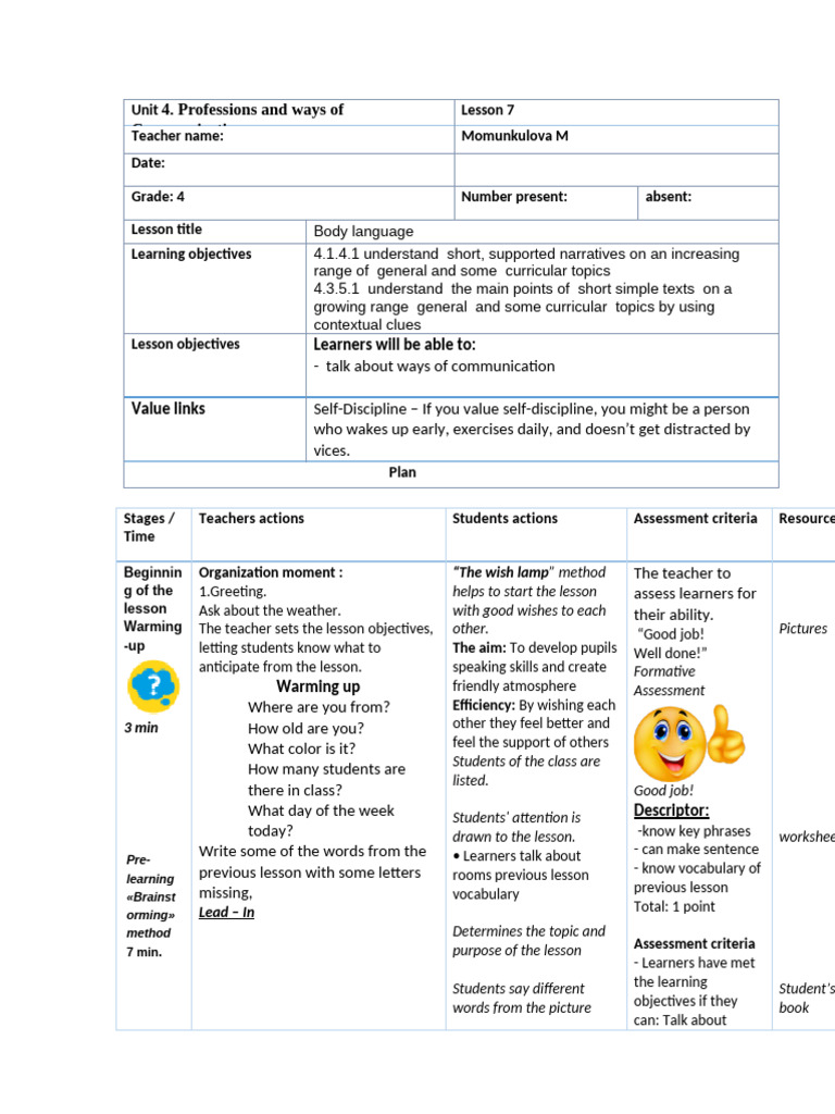 Lesson 7 Body Language | PDF | Teachers | Learning