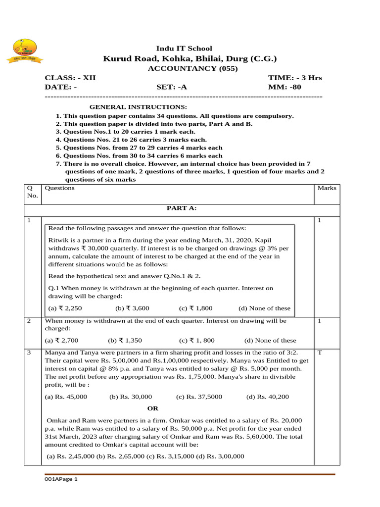 Class 12 Account Set-A | PDF | Goodwill (Accounting) | Debits And Credits