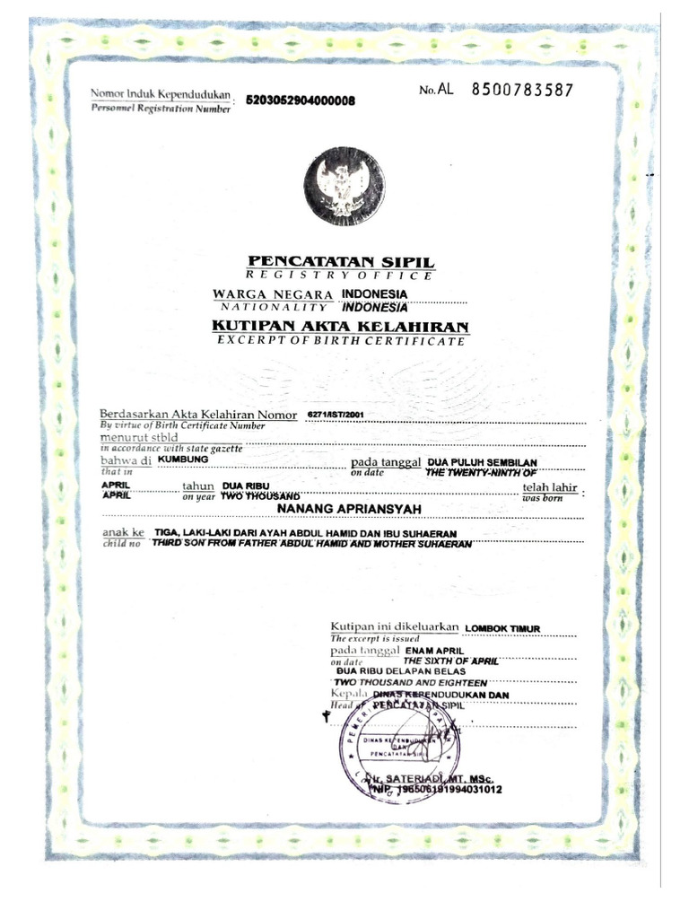 Akta Kelahiran Nanang Apriansyah | PDF