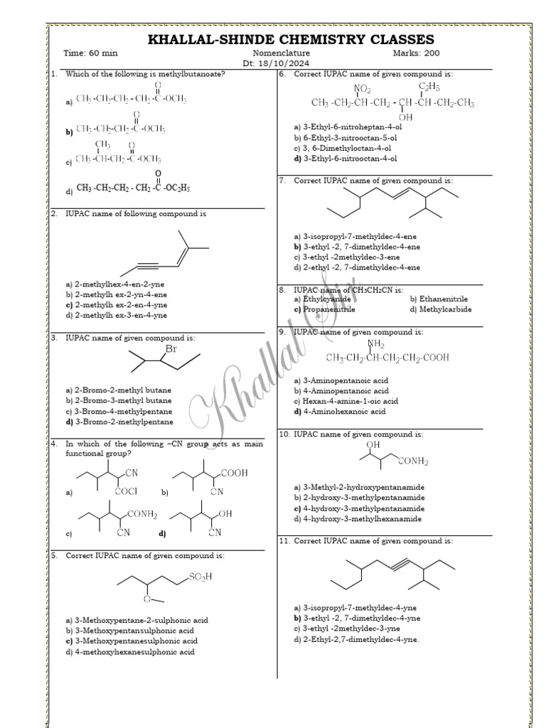 IUPAC Nomenclature Practice Questions | PDF | International Union Of ...