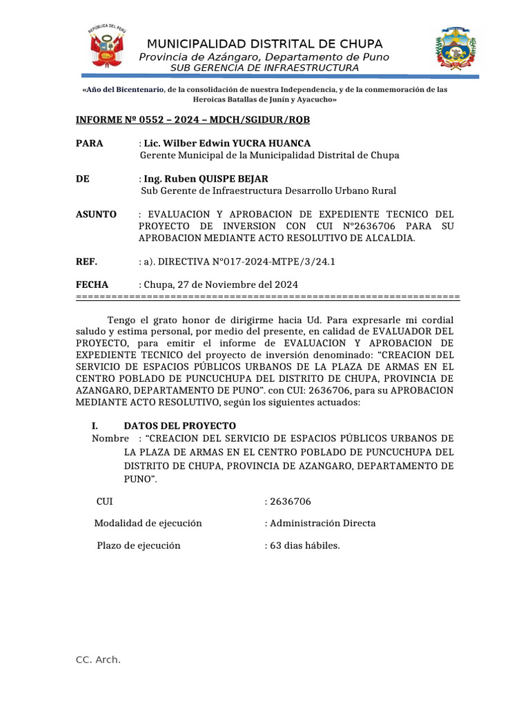 Informe #0522 - 2024 Aprobacion Exp. Tecnico | PDF | Presupuesto