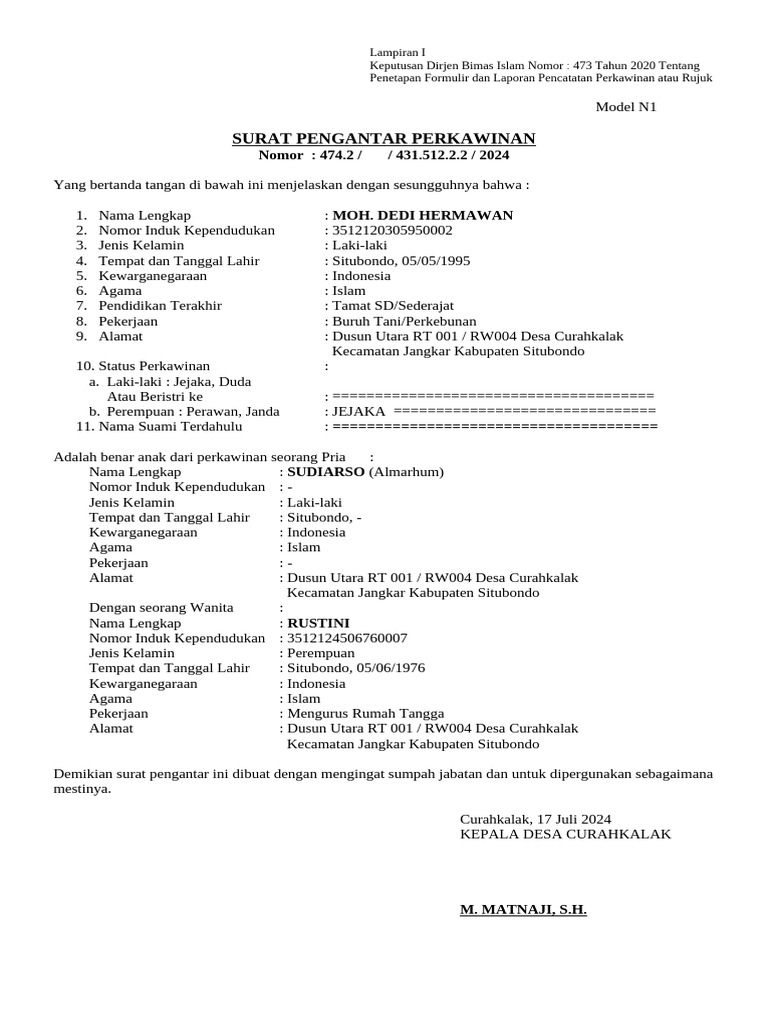 Surat Pernikahan Moh. Dedi Hermawan | PDF