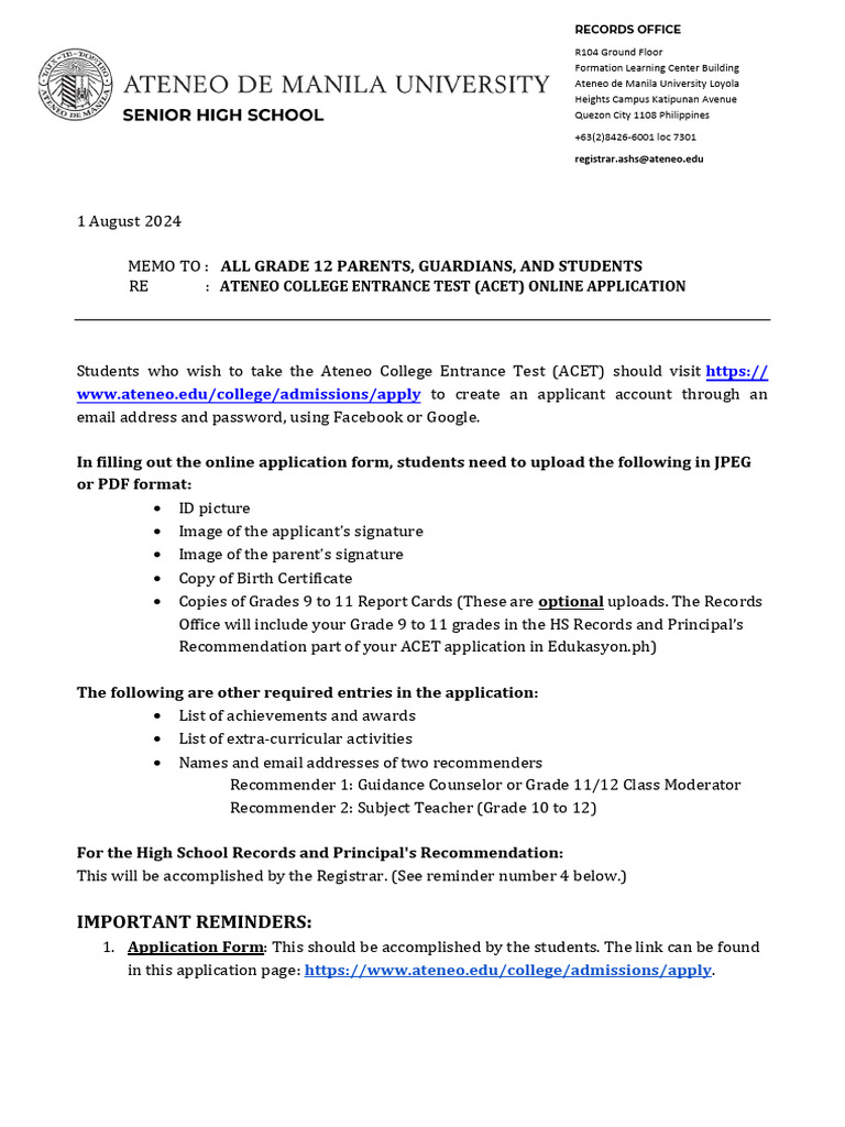 ACET Online Application Guide 2024 | PDF