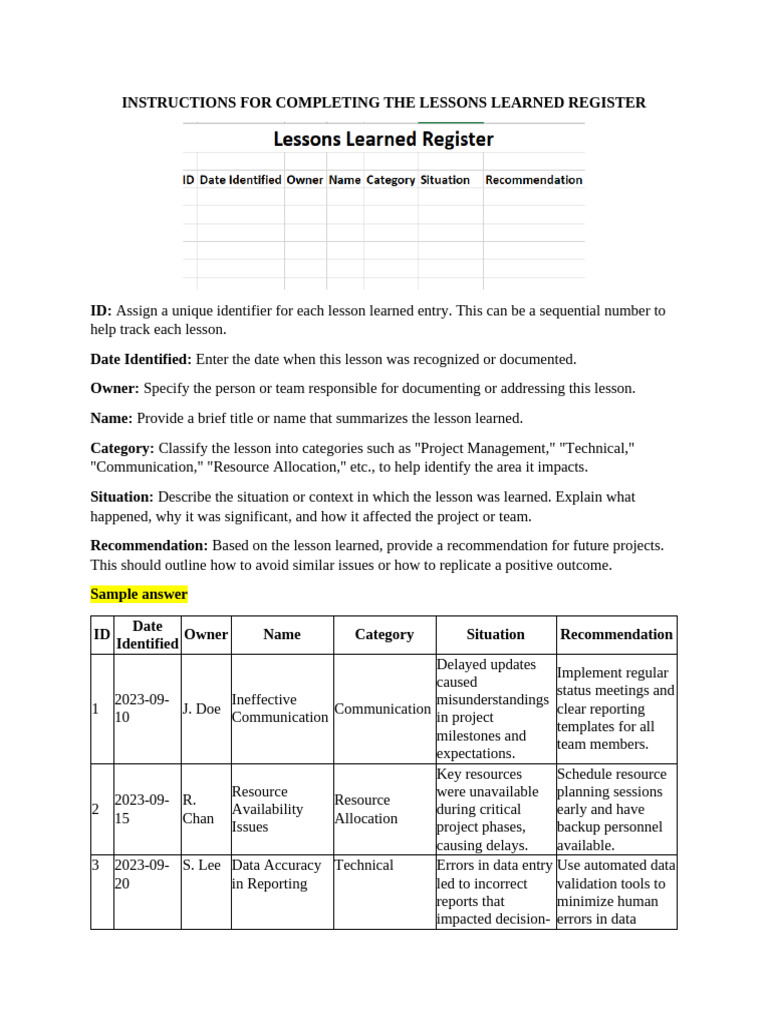 Guidelines For Completing The Lesson Learned Register | PDF | Project Management | Computing
