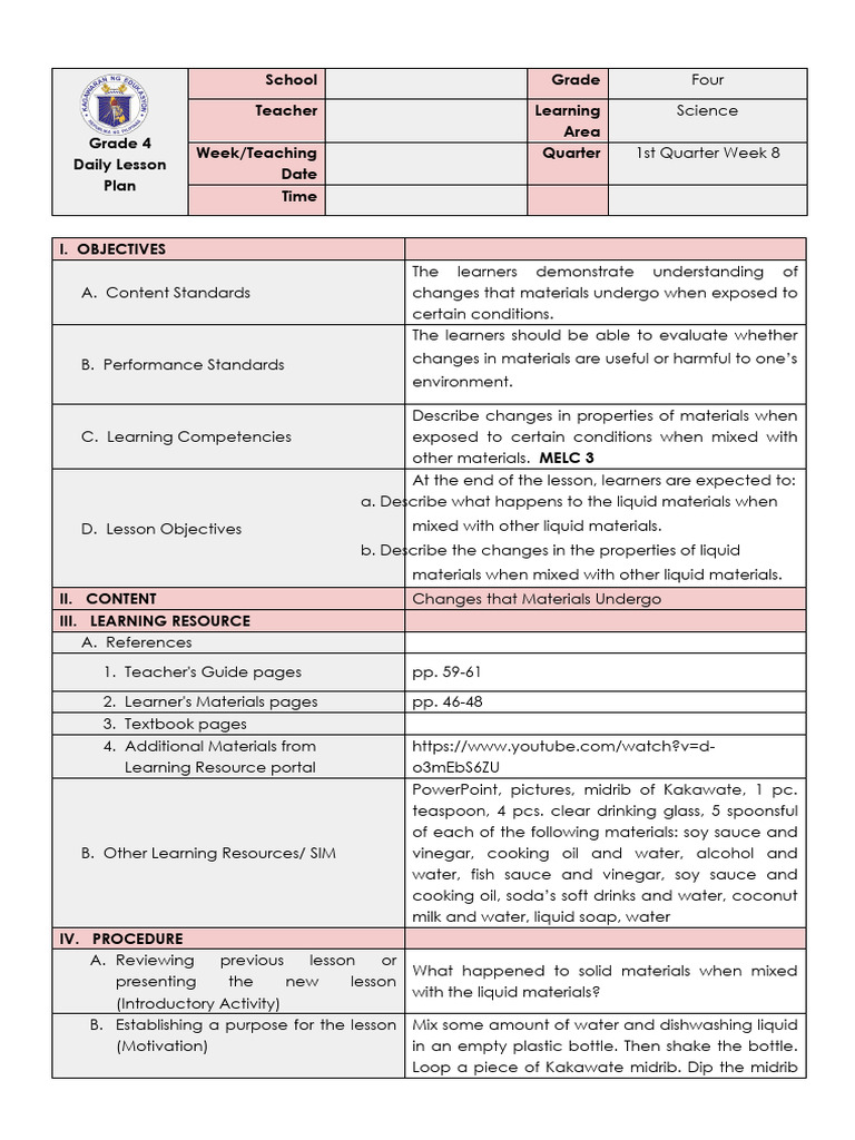COT-SCIENCE 4 Q1 W7 | PDF | Learning | Water