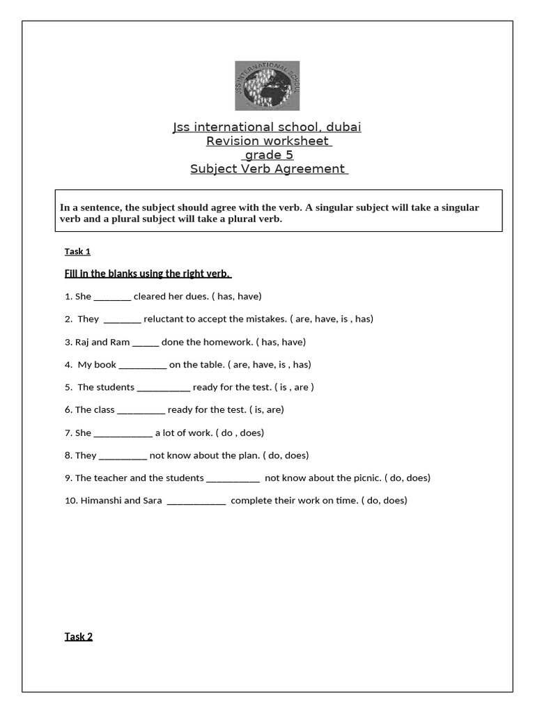 Grade 5 Subject-Verb Agreement Worksheet | PDF | Subject (Grammar) | Verb