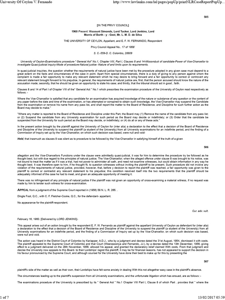 University of Ceylon V Fernando | PDF | Judge | Judgment (Law)