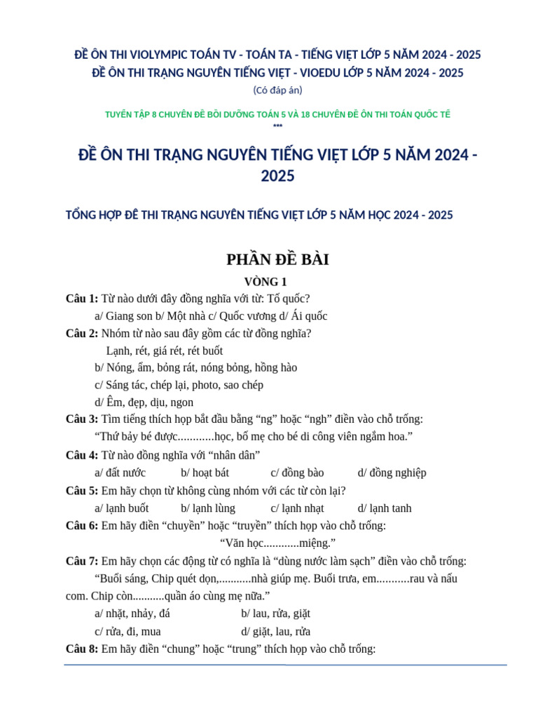 TỔNG HỢP ĐỀ THI TNTV TIẾNG VIỆT LỚP 5 2024-2025 tâm LINH CHI | PDF