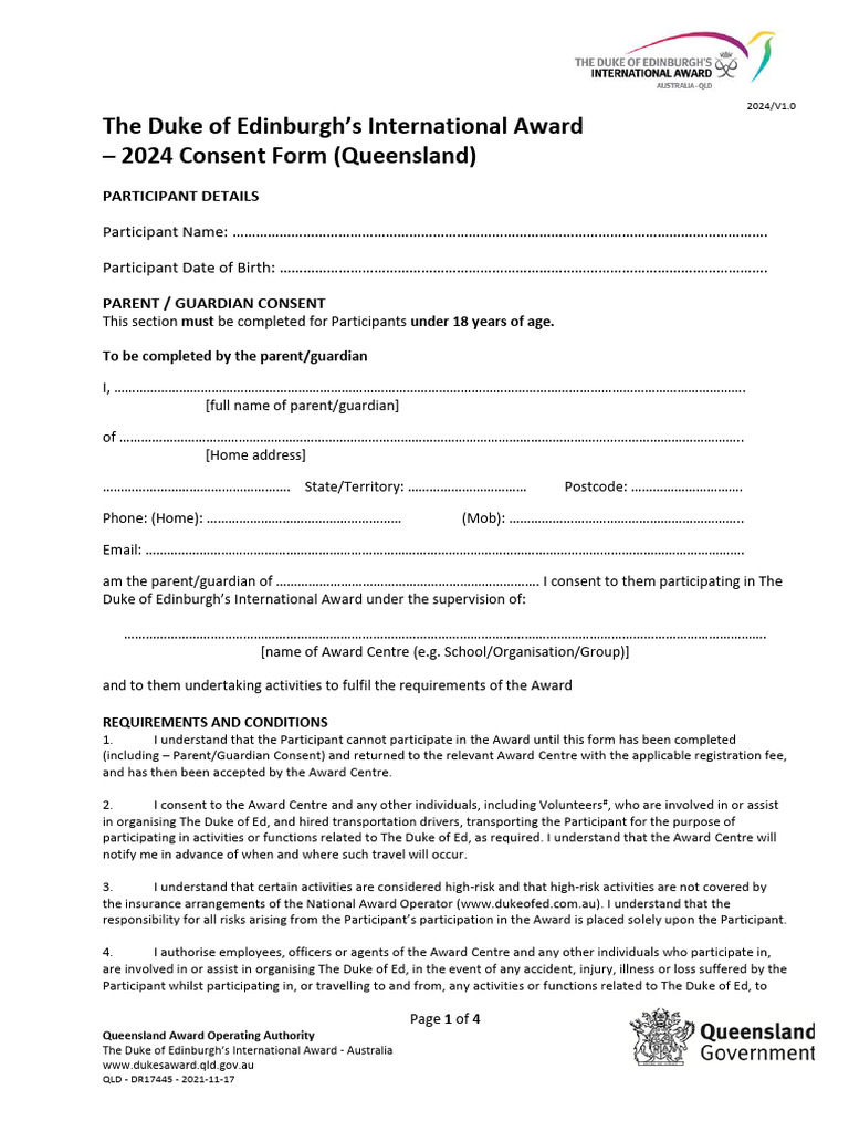 The Duke of Edinburghs International Award Parental Consent Form 2024 ...