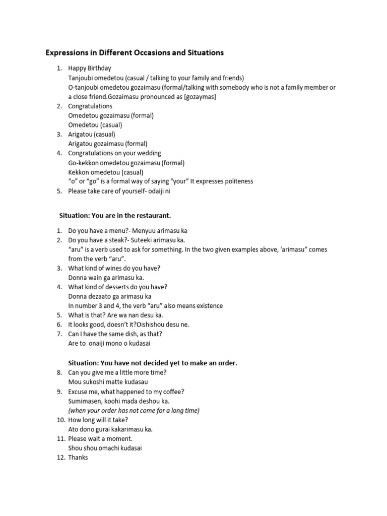 C. Expressions in Different Occasions and Situations | PDF
