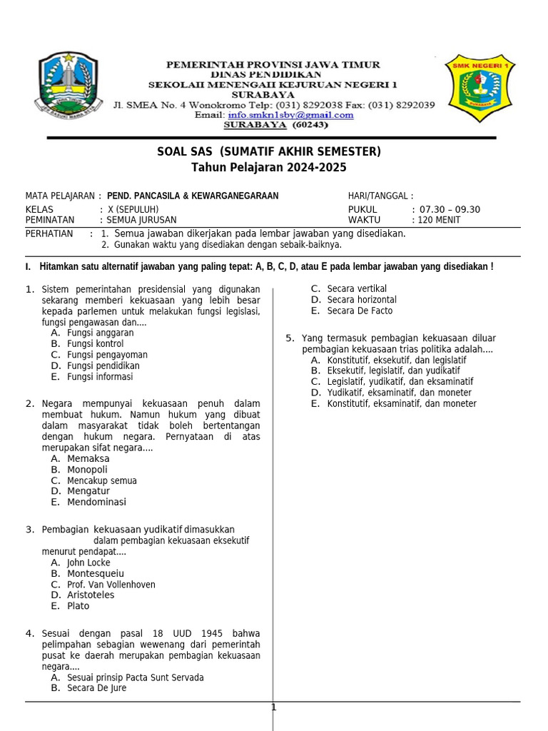 Soal Sas Pend. Pancasila Kelas x | PDF