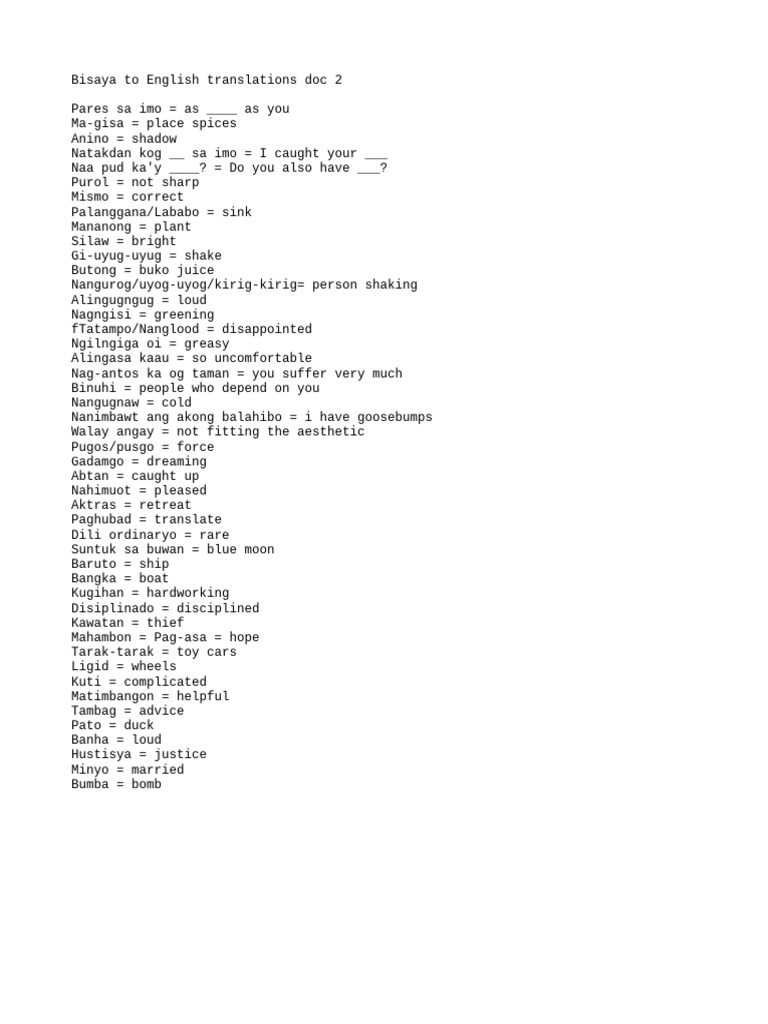 Bisaya to English Translation Guide | PDF