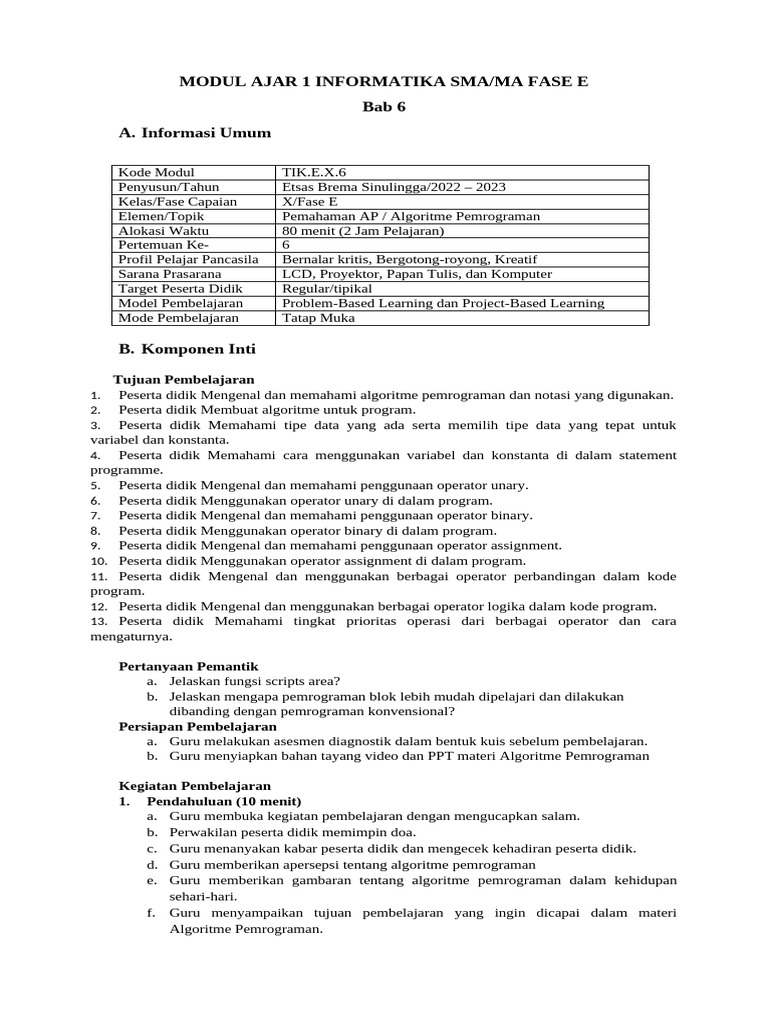 Perangkat Modul Ajar Informatika - Bab 6 | PDF