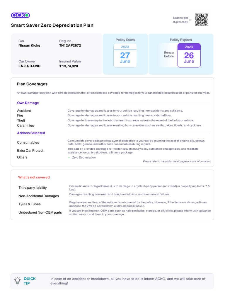 Acko Car Policy - DCOR00925043543 - 00 | PDF | Vehicle Insurance ...
