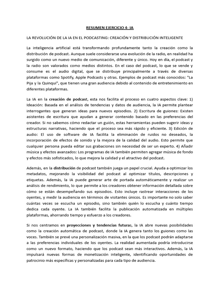 Resumen Ejercicio 4 | PDF | Podcast | Inteligencia artificial