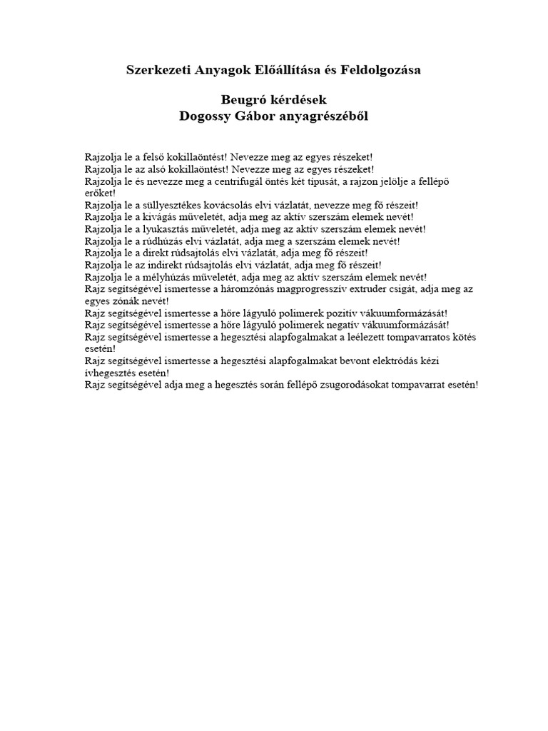 Beugro - Kerdesek - Szerkezeti Anyagok Előállítása És Feldolgozása | PDF