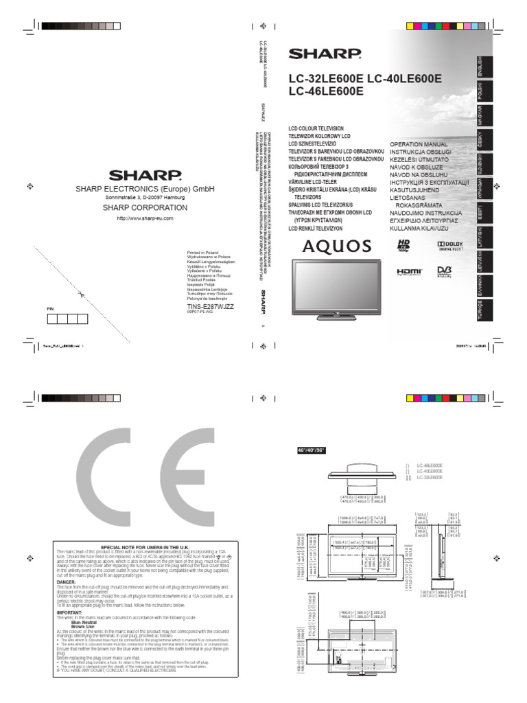 Sharp LC-32LE600E Manual GB | PDF | Electrical Connector | Ac Power Plugs And Sockets