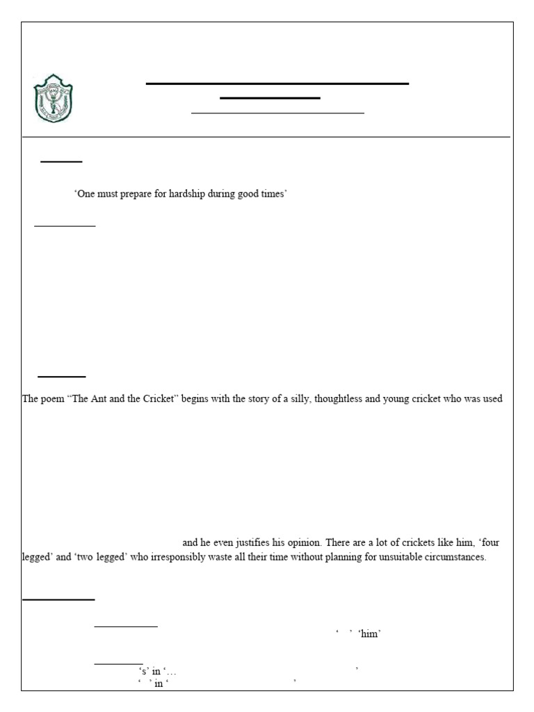 Grade 8 - The Ant and The Cricket (Poem) - Notes | PDF