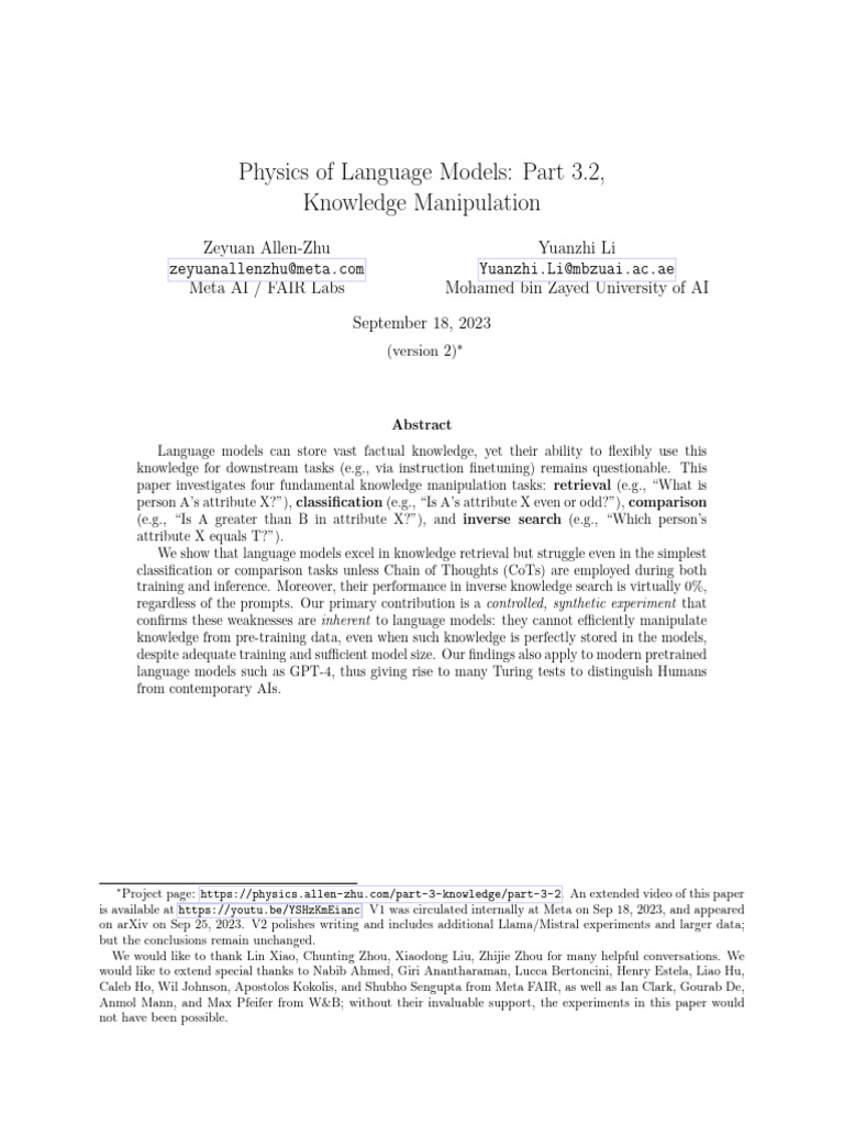 Physics of Language Models Part 3.2 Knowledge Manipulation | PDF | Knowledge | Accuracy And ...