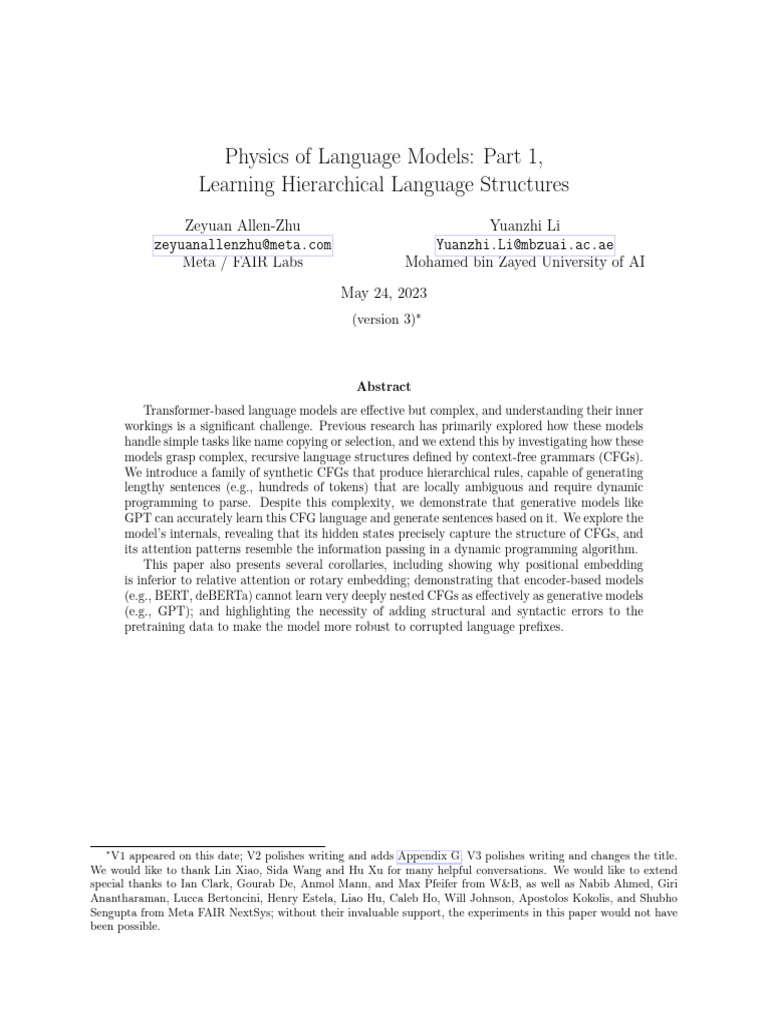 Physics of Language Models Part 1 Learning Hierarchical Language Structures | PDF | Mathematical ...